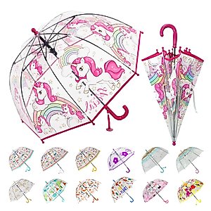 Wxjiahetai Kids Clear Bubble Umbrella Transparent Dome See Through Child Umbrellas for Rain Boys Girls with Pinch-Proof Closure and Easy-Grip Hook Handle(Clear Red Unicorn)