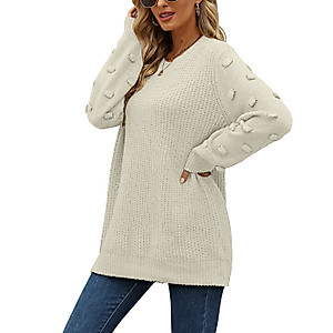 XIEERDUO Women's Pullover Sweaters White Long Sleeve Chunky Knit Crewneck Sweatshirts Fall S