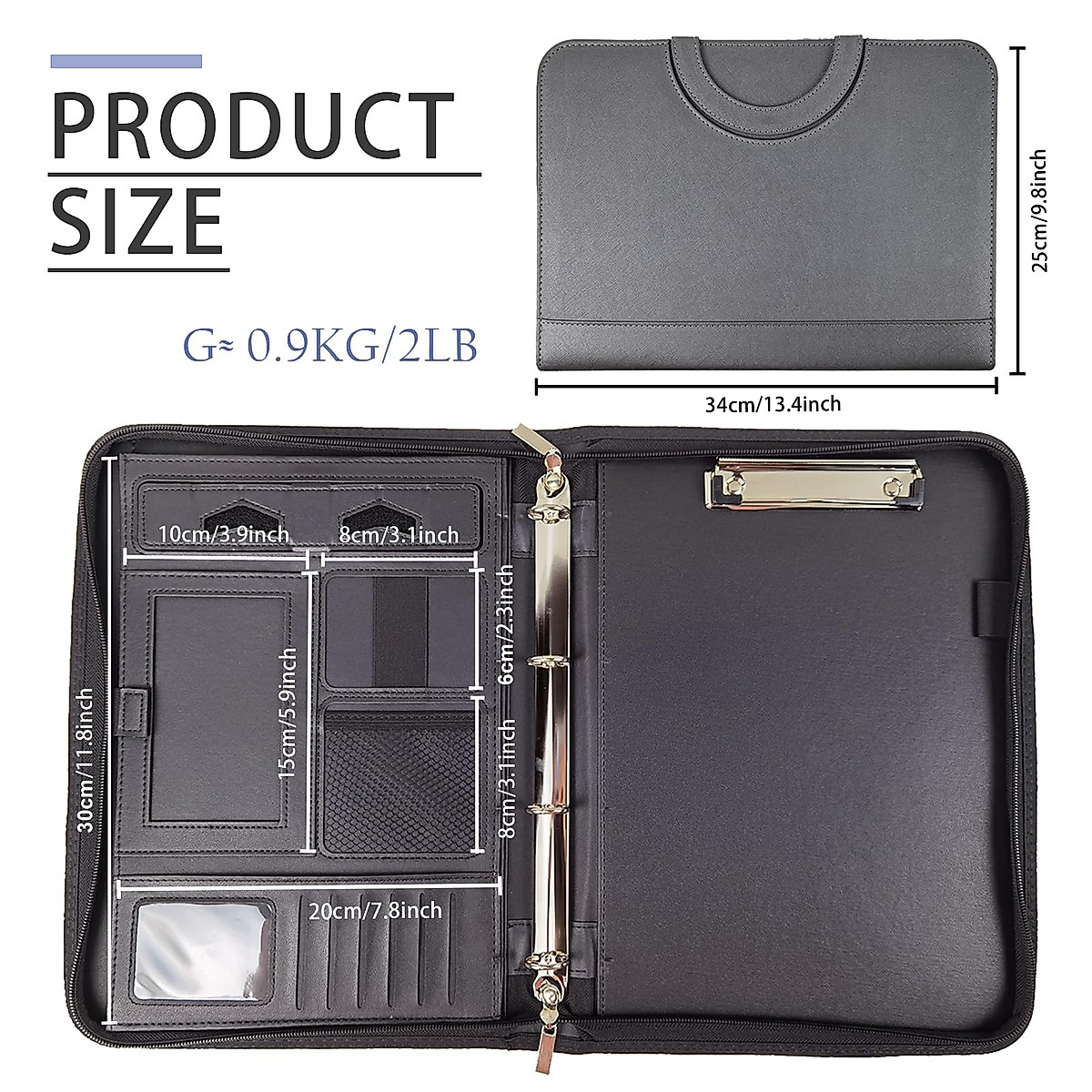 A4 Leather Portfolio Padfolio Refillable 4-Ring Binder with Zipper,Professional Business Document Organizer for Man Women with Magnetic Carrying Handle (Grey)