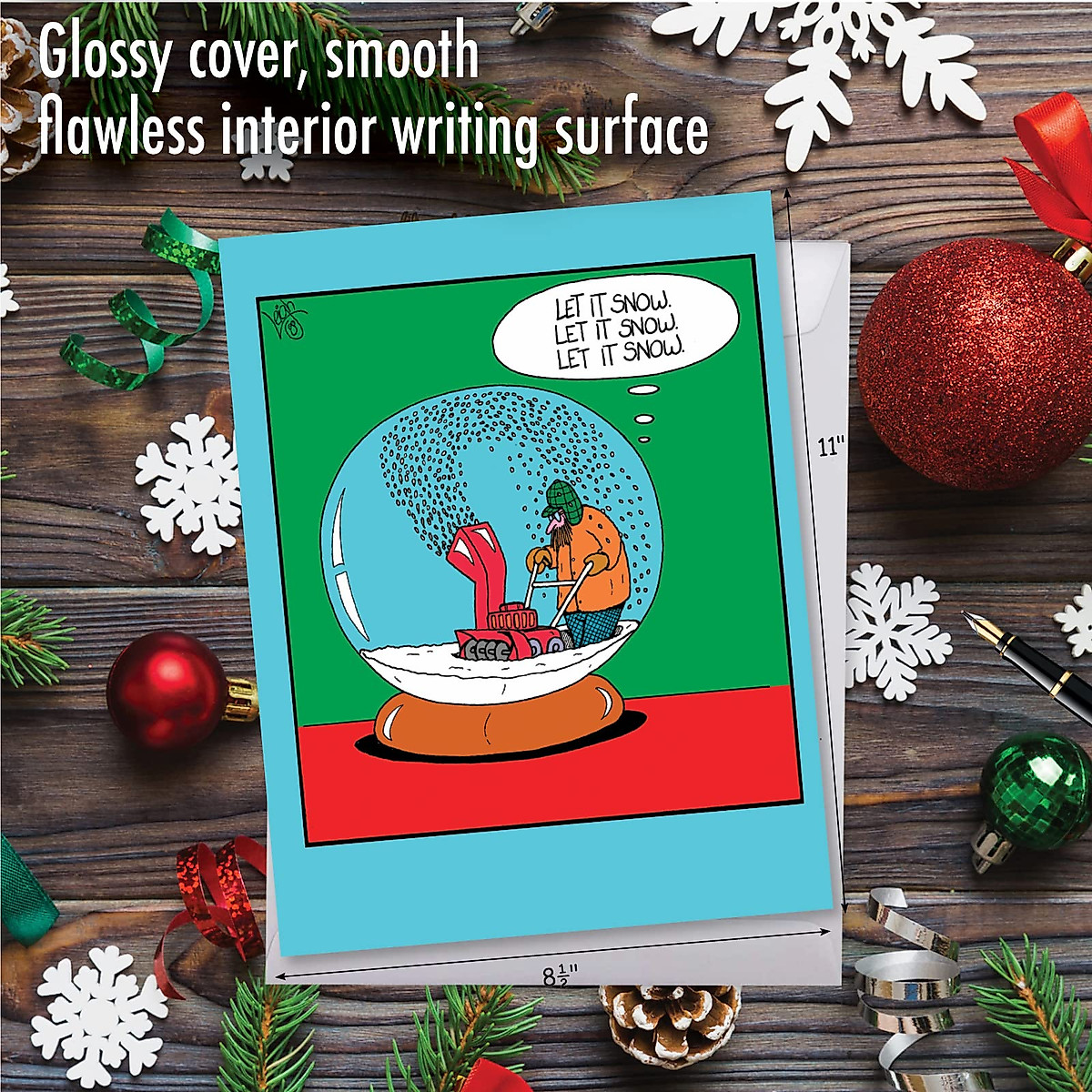 NobleWorks - Big Funny Card for Christmas (8.5 x 11 Inch) - Jumbo Cartoon Notecard, Happy Holiday Humor - Snowglobe Blower J7086XSG
