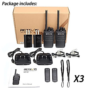 Retevis RT17 Walkie Talkies Long Range, Durable Two Way Radio Rechargeable with USB Charger Base, Portable 2 Way Radios with Earpieces Mic, for Adults School Security Warehouse Construction(6 Pack)