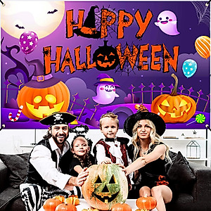 Large Happy Halloween Banner Backdrop 72x44 Inch, Spooky Pumpkin Happy Halloween Banner for Purple Halloween Party Decorations, Halloween Pumpkin Banner Photo Booth Background