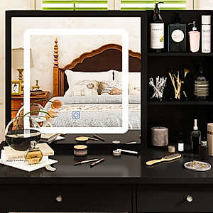 Hitow Vanity Desk Set with Sliding Lighted Mirror, Makeup Vanity with Drawer & Shelf, Dressing Table with Cushion Stool & Hidden Storage for Bedroom, Black