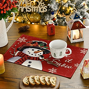 Artoid Mode Red Snowman Let It Snow Winter Placemats Set of 8, 12x18 Inch Seasonal Christmas Holiday Table Mats for Party Kitchen Dining Decoration