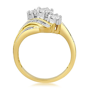 Jewelili 10K Yellow Gold 3/4 Cttw Natural White Baguette and Round Diamond 3 Stone Ring, Size 8