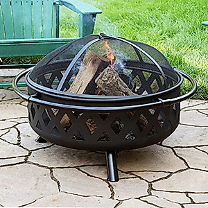 Sunnydaze Black Crossweave Heavy-Duty Steel Outdoor Fire Pit - Includes Spark Screen, Poker and Cover - 36-Inch Round