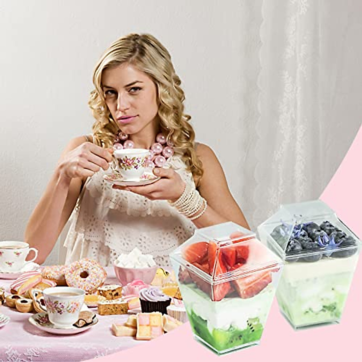 Wiaregom 50Pack 5oz Square Plastic Dessert Cups with Lids and Spoons,Clear Parfait Appetizer Cups for Tasting Party Desserts Fruit Parfait Baby Shower Party