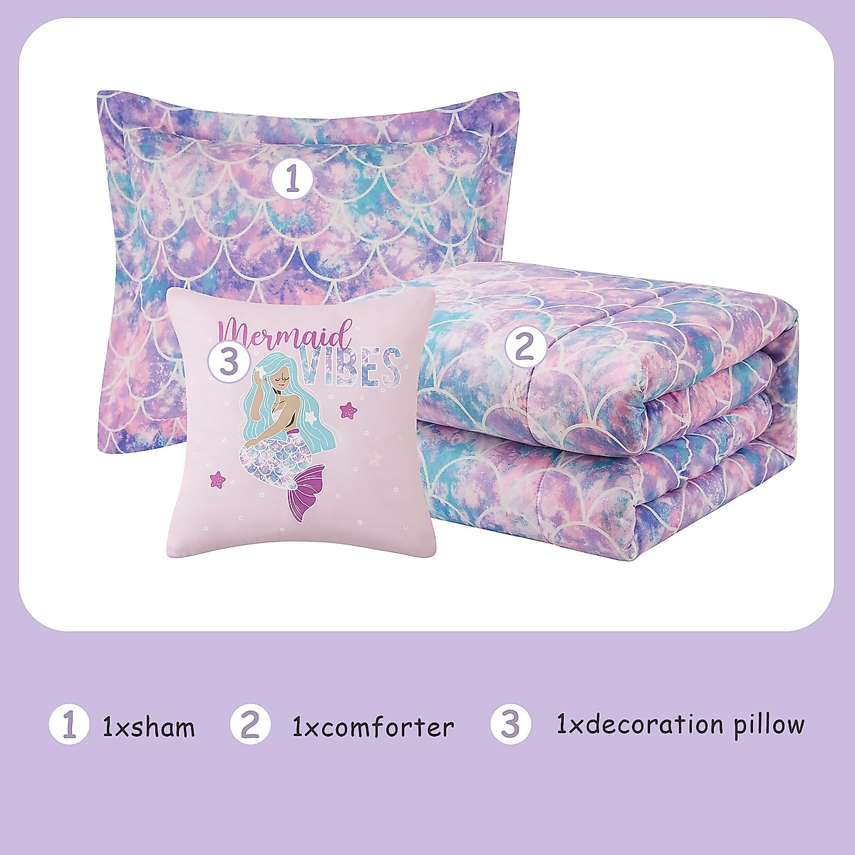 Kaleido Space Kids Comforter Set Twin Size for Girls, Glow in The Dark Mermaid Bedding Set 1 Comforter, 1 Decor Pillow, 1 Pillow Shams