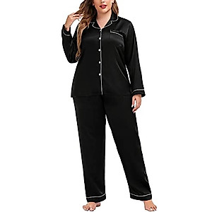 SWOMOG Plus Size Pajamas Long Sleeve Pajama Set Silk Pj Set Button Down Sleepwear Bridesmaid Pjs Satin Pajama Set 18W Black