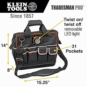 Klein Tools 55431 Tool Bag with Molded Bottom, Padded Shoulder Strap and Lighted Tool Storage with 31 Pockets