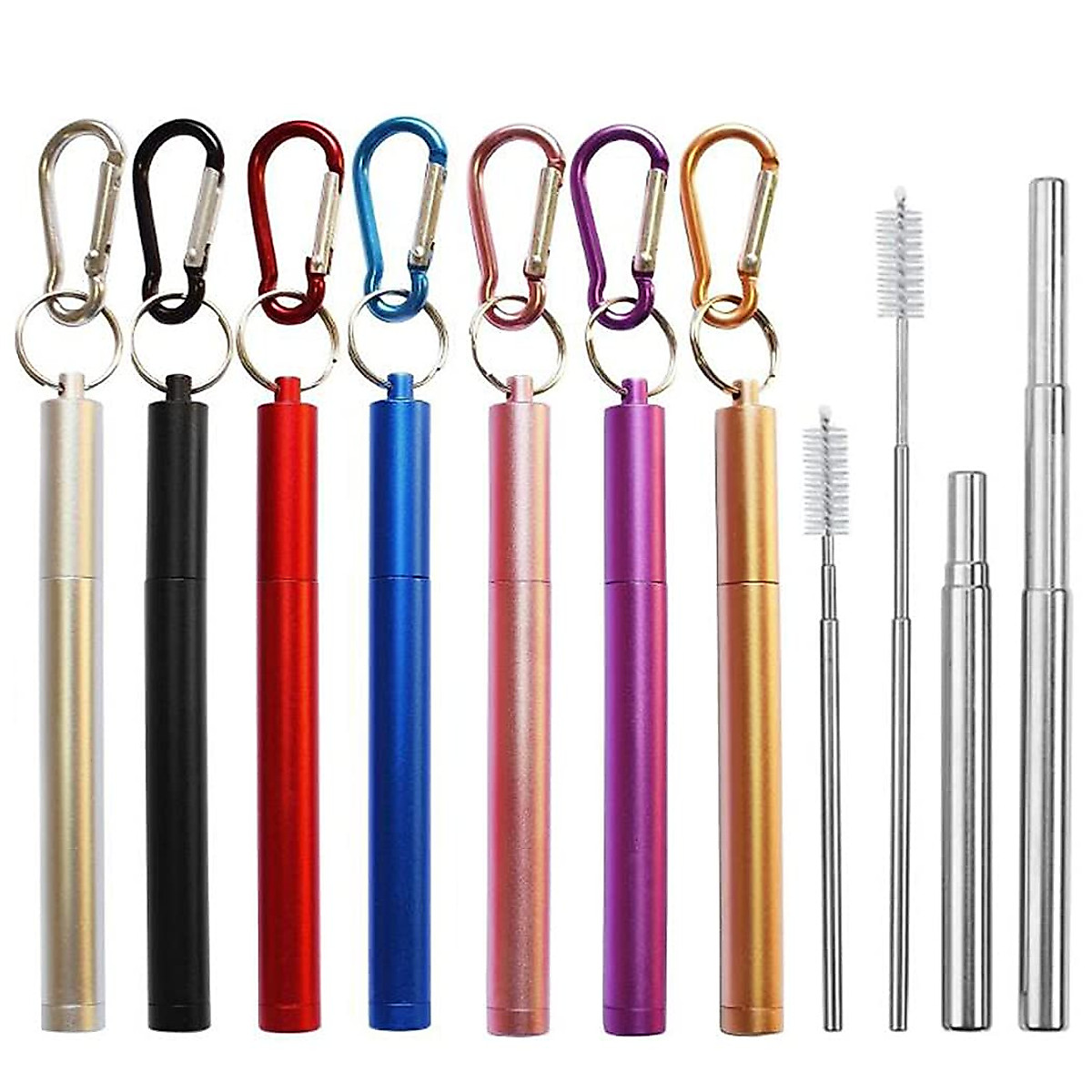 Hoshen Reusable Three-Section Foldable Metal Straw, Portable Telescopic Straw, Including Brush and Small Carabiner (Aluminum Alloy Shell), Black, 2 PCS