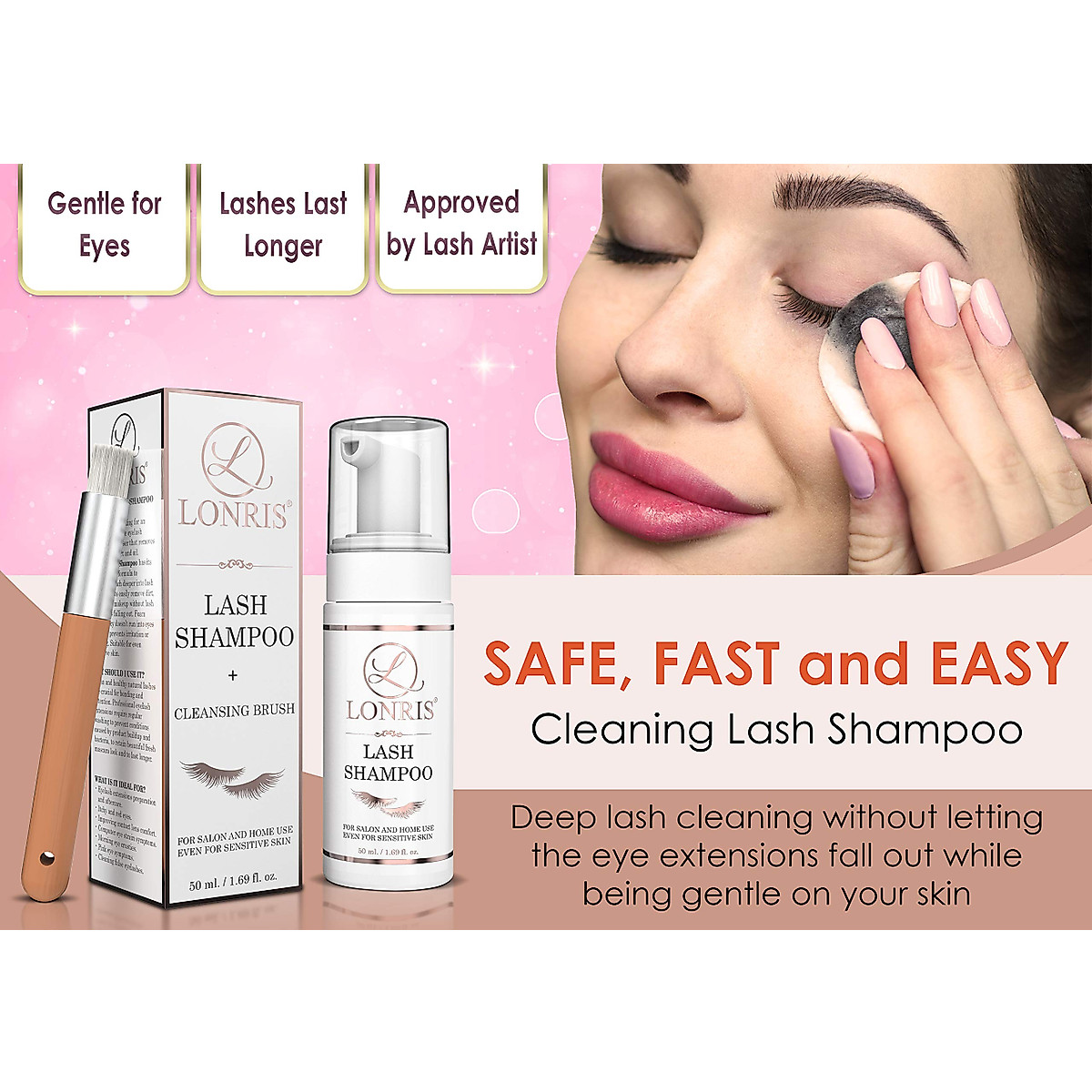 2 in 1 Eyelash Extension Shampoo & Mascara Remover/LONRIS Eyelid Foaming Cleanser/Extensions and Natural Lashes Safe Foam/False Eyelashes Makeup Wash/Paraben & Sulfate Free/Personal and Salon Use 50ml