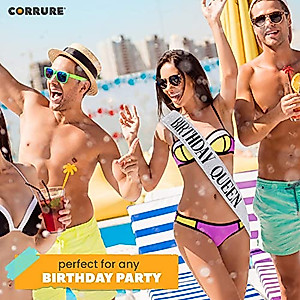 CORRURE 'Birthday Queen' Sash Glitter with Black Foil - Silver Glitter Happy Birthday Sash for Women - Party Favors Supplies and Decorations for Sweet 16, 18th 21st 30th 40th or Any Bday Party