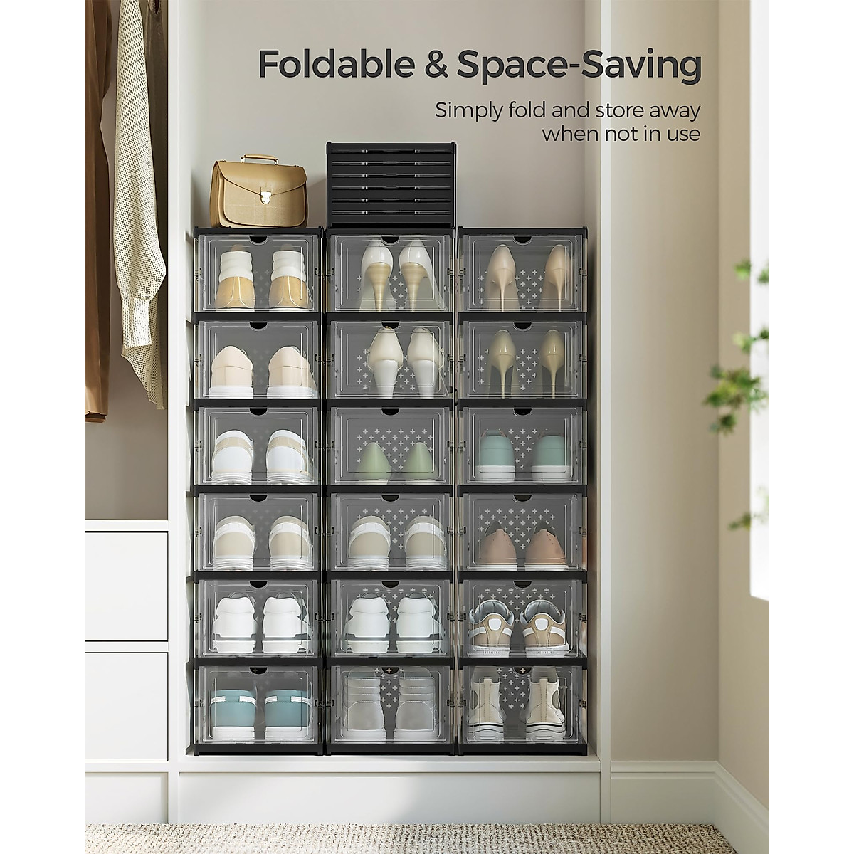 SONGMICS Foldable Shoe Boxes, Pack of 18 Stackable Shoe Storage Organizer, Set of 3 Integraed Shoe Cabinets, Portable, Fit up to US Size 13, 60s Assembly, Transparent and Ink Black ULSP207B01