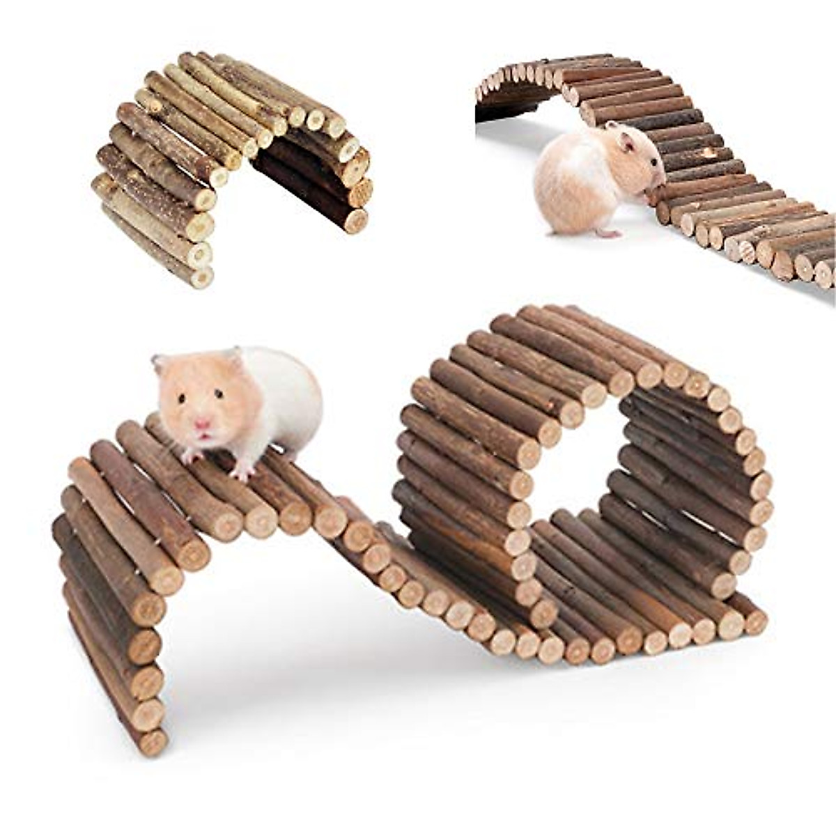 PINVNBY Hamster Suspension Bridge Ladder Rodents Natural Wooden Arch Bendable Bridge Chew Toy Long Climbing Ladder for Hamster Guinea Chipmunk Pig and Other Small Animals (2 Kinds Length)