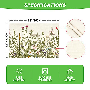 Artoid Mode Antique Herbs and Wild Flowers Fall Placemats Set of 4, 12x18 Inch Seasonal Wildflower Summer Table Mats for Party Kitchen Dining Decoration