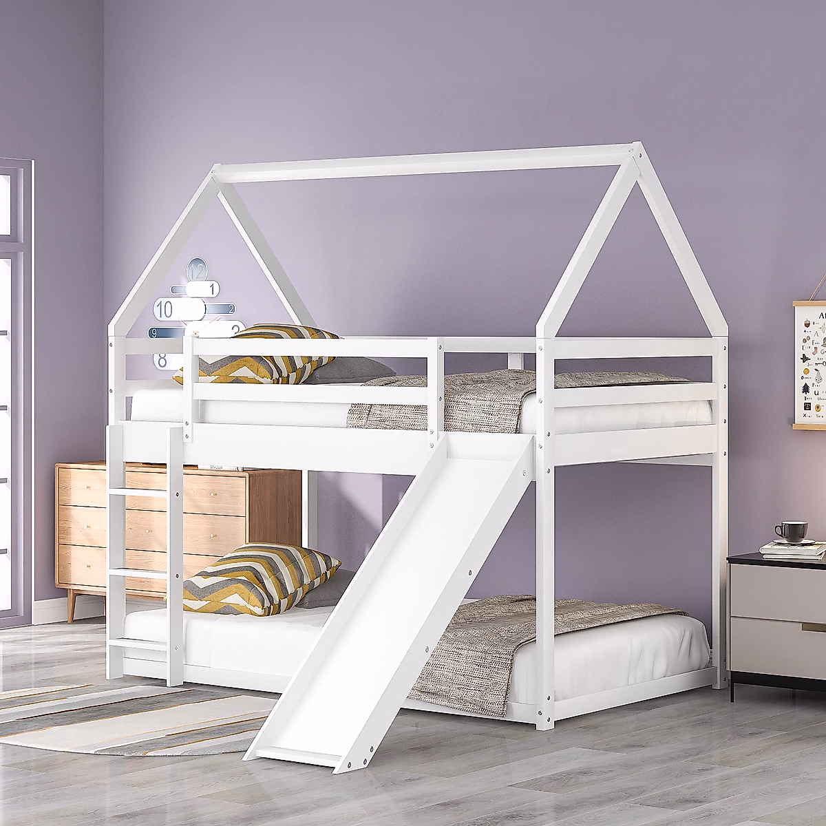 Harper & Bright Designs Twin Over Twin Low Bunk Bed with Slide, Solid Wood House Bunk Bed for Kids Girls Boys (White)