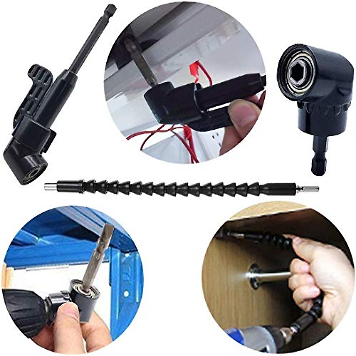 QISF 2Pcs Black 105 Degree 1/4 Inch Right Angle Drill Adapter Hex Shank Screwdriver Angled Bit Holder Extension Power Drill Tool + 1/4 inch Hexagon Flexible Screwdriver & Drill Extension Soft Shaft