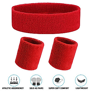 Yolev Sports Headband Wristband Set Sweatbands (1 Headband and 2 Wristbands) for Athletic Men and Women red