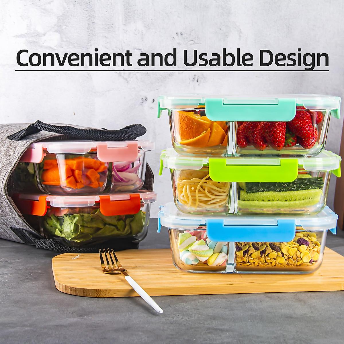Glass Food Storage Containers 3 Compartment with Lids (5 Pack, 34oz), Divided Glass Meal Prep Containers for Lunch at Work, Leak-Proof Portion Control Food Containers, Microwave/Dishwasher Safe