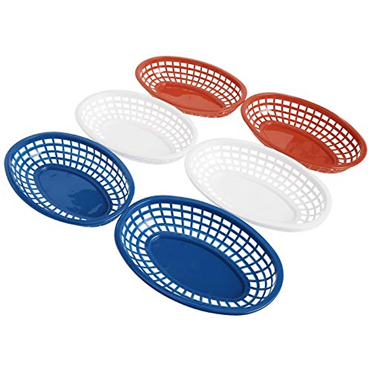 Tablecraft H1074RWB 6 Piece Classic Oval Plastic Baskets, Red/White and Blue