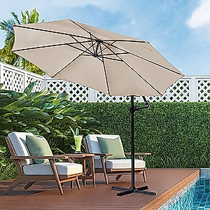 Shintenchi Patio Offset Umbrella w/Easy Tilt Adjustment,Crank and Cross Base, Outdoor Cantilever Hanging Umbrella with 8 Ribs, 95% UV protection and Waterproof Canopy, Khaki