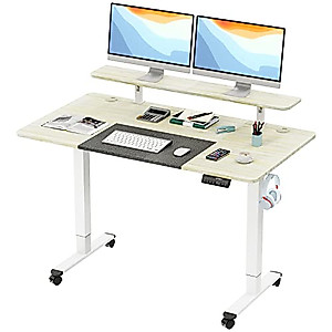 WOKA 55 x 28 Inch Dual Motor Electric Standing Desk, 2-Tier Height Adjustable Stand up Desk, Sit Stand Desk with Memory Controller, Adjustable Desks for Home Office, Motorized Desk with Splice Board