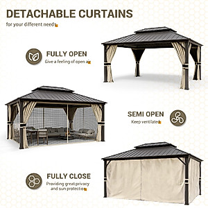 UDPATIO 12' x 16' Hardtop Gazebo, Outdoor Aluminum Gazebo with Galvanized Steel Double Roof, Permanent Metal Canopy with Curtains and Netting for Patio, Garden, Lawn, Backyard, Deck, Beige