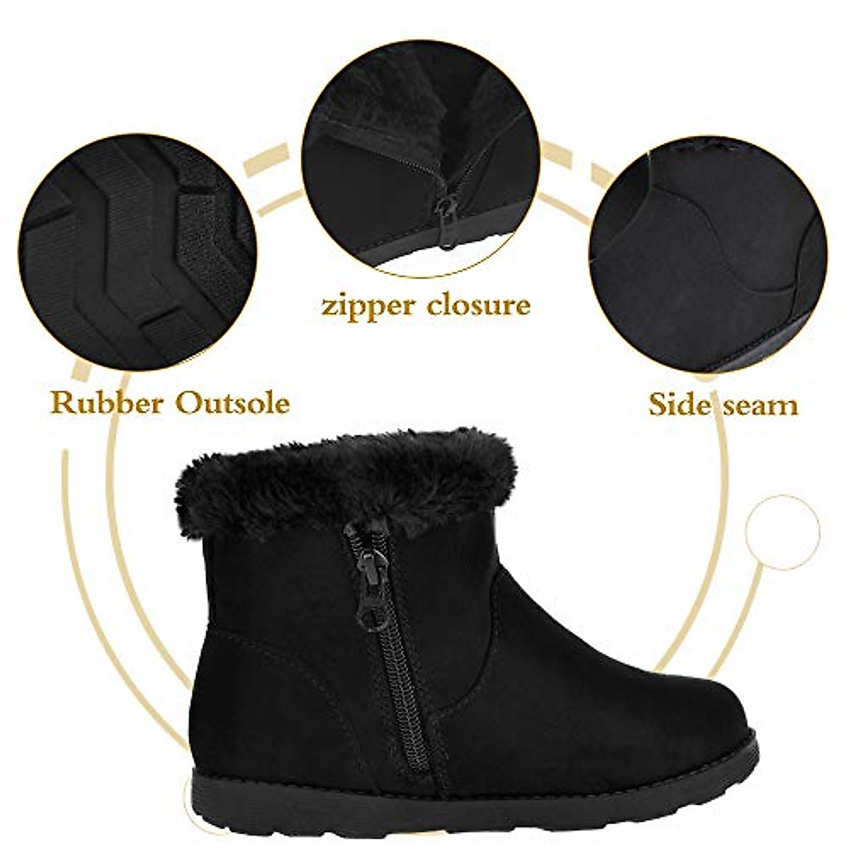festooning Girls Faux Fur Shearling Style Boots Girls Warm Winter Non-Slip Zip Snow Boots for Indoor Outdoor Black Size 4