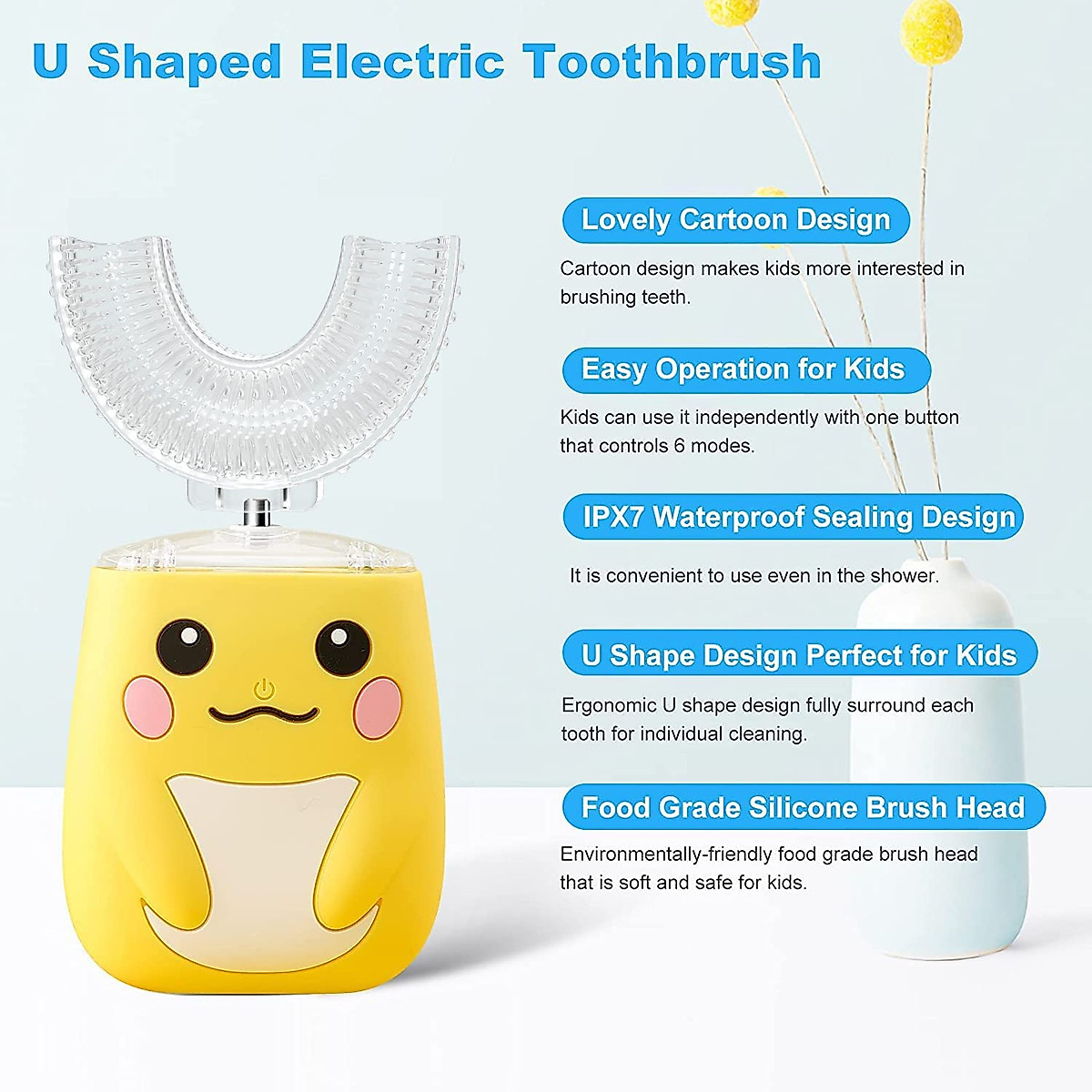 Kids Electric Toothbrush, U Shaped Ultrasonic Automatic Tooth Brush, Toothbrush with 2 Brush Heads, Six Cleaning Modes, IPX7 Waterproof, Cartoon Modeling Design for Toddler Children, Age 8-15 Yellow