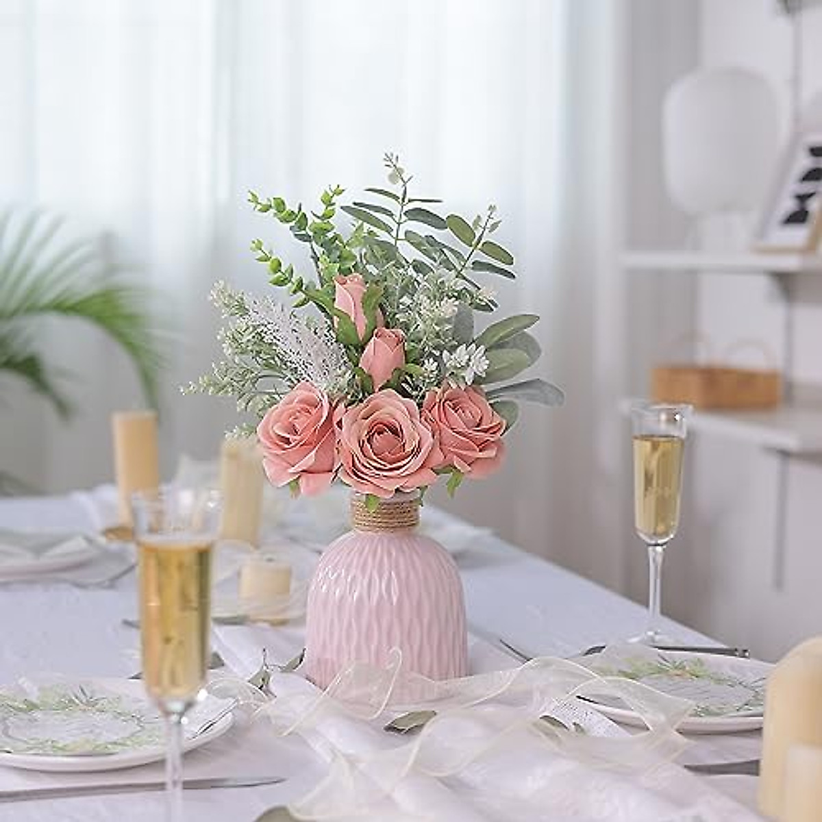 Artificial Flowers with Ceramic Vase,Faux Silk Roses and Fake Plant Eucalyptus in Vase for centerpiece table decorations, living room,dining table,fireplace,office,farmhouse,home decor(Dusty Pink)