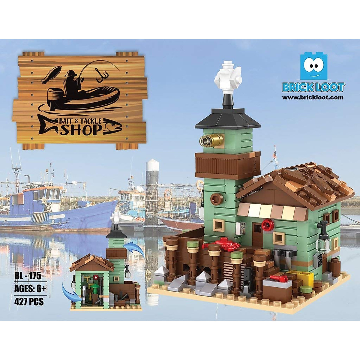 Brick Loot Fishing Village Store House Building Set, 427 Pieces, STEM Architecture Toys Kit Bait & Tackle Store, Birthday Gift for Boys, Girls & Adults Ages 6+, Compatible with Lego & Major Brands