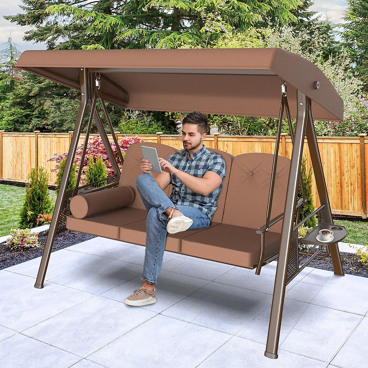 ZENPETIO 3-Seat Outdoor Patio Swing, Adjustable Canopy Porch Swings, Deluxe Outdoor Swing with Weather Resistant Steel Frame, Thickened Cushions, Pillows & Cup Holders for Backyard, Porch, Garden