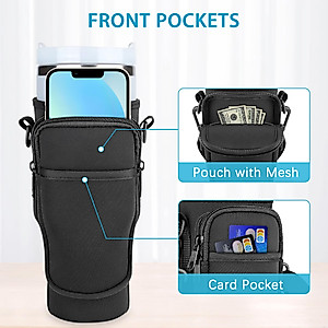 CTSZOOM Water Bottle Carrier Bag for Stanley 40 Oz Tumbler, Bottle Pouch Holder with Pocket and Adjustable Shoulder Strap for Stanley Quencher H2.0, Accessories for Stanley Cup Walking Camping Black