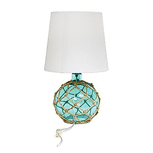 Elegant Designs LT1050-AQU Buoy Rope Nautical Netted Coastal Ocean Sea Glass Table Lamp with White Fabric Shade, Aqua