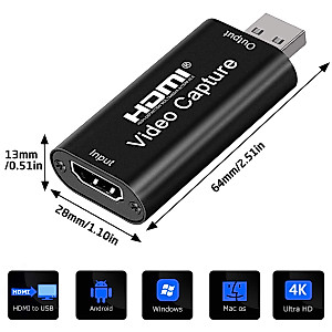 4K HDMI Video Capture Card, Cam Link Card Game Capture Card Audio Capture Adapter HDMI to USB 2.0 Record Capture Device for Streaming, Live Broadcasting, Video Conference, Teaching, Gaming(Black)