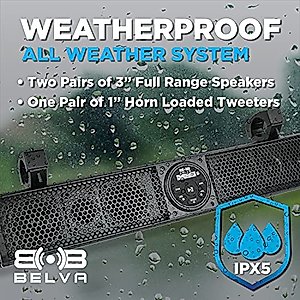 BELVA BASB26 26” Wide IPX5 Weatherproof Marine UTV ATV Sound Bar, Four 3" Speakers, Two 1" Tweeters, Built-in Amplifier, AUX Input, USB Input, Bluetooth Audio and Wireless Remote