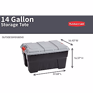 Rubbermaid Pack & Go 14 Gal Storage Tote, Durable Design and Easy to Transport, Built-In Handles, Tie Down Channels and Lockable Snap Tight Lid, Black Base with Gray Lid and Red Handles, Pack of 3