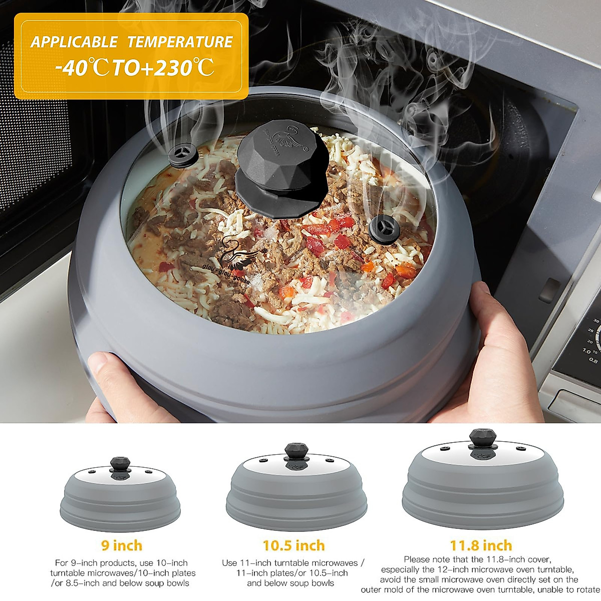 Microwave Splatter Cover Vented Glass Cover Splatter Guard Lid with Collapsible Silicone for Food as Pot Cover Plate Cover 10.5 inch for 6 7 8 9 10 inch Plate Bowl Light Grey