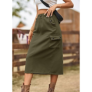 Dokotoo Women's Y2K Drawstring Cargo Midi Skirt Casual Adjustable High Waist Skirt with Pockets Cargo Skirts Work Skirts for Women Green Medium