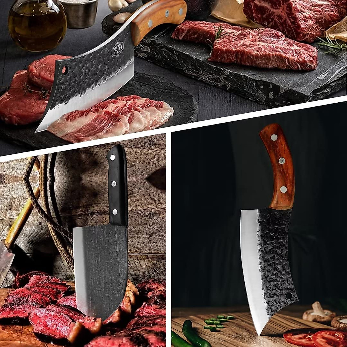 XYJ Full Tang Handmade Forged Serbian Chef Knife 6.7 Inch Butcher Knives 6.2 inch Boning Knife for Camping Hunting with Leather Sleeves