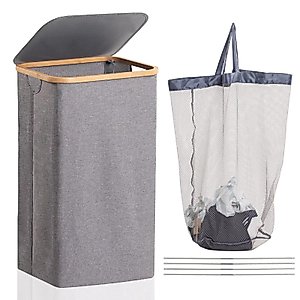 FairyHaus Laundry Basket with Lid, Freestanding Large Laundry Hamper with Lid, Removable Bag & Support Rods, Collapsible Dirty Clothes Hampers for Laundry with Easy Carry Bamboo Handles, Tall, Grey