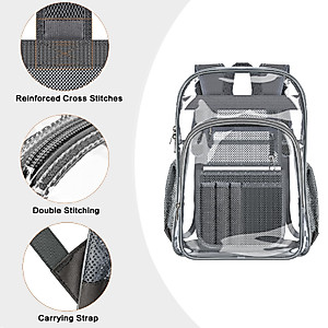 PAMANO Clear Backpack Transparent Heavy Duty Bookbag See Through Bag for College Work Stadium Concert Travel Security, Gray