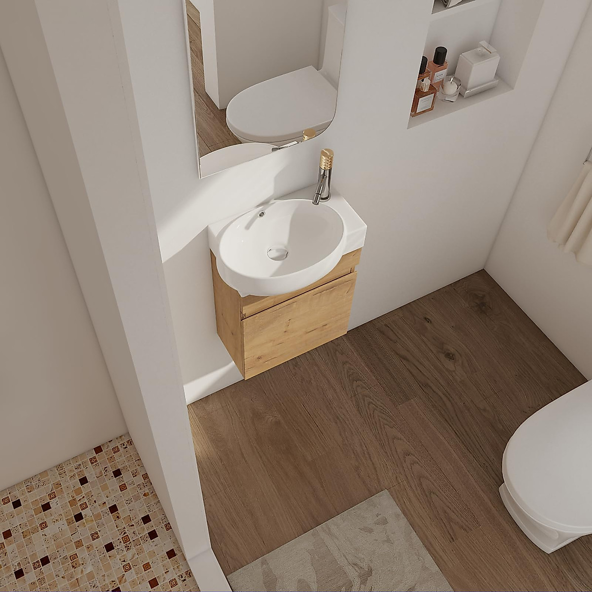 16 inch Floating Bathroom Vanity with Round Single Ceramic Sink, Wall Mounted Bathroom Cabinet with Soft Closing Door Bathroom Vanity and Sink Combo, for Small Space