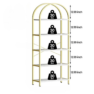 Gyabnw Bookshelf, 5-Tier Arched Bookcase with Metal Frame, Open Modern Bookcase Shelf Storage Organizer for Bedroom, Study, Living Room, and Office(White, Gold)