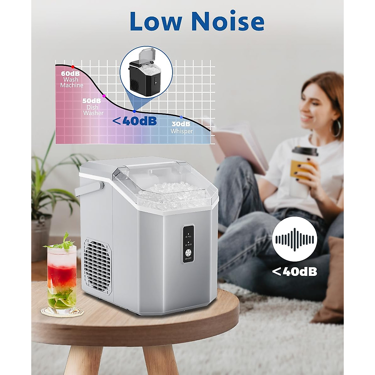 Joy Pebble Nugget Ice Maker, 10,000pcs/33lbs/Day, Portable Handheld Nugget Ice Maker Machine with Handle, Ice Makers Countertop Self-Cleaning, Ice Scoop and Basket, for Home/Office/Party, Silver