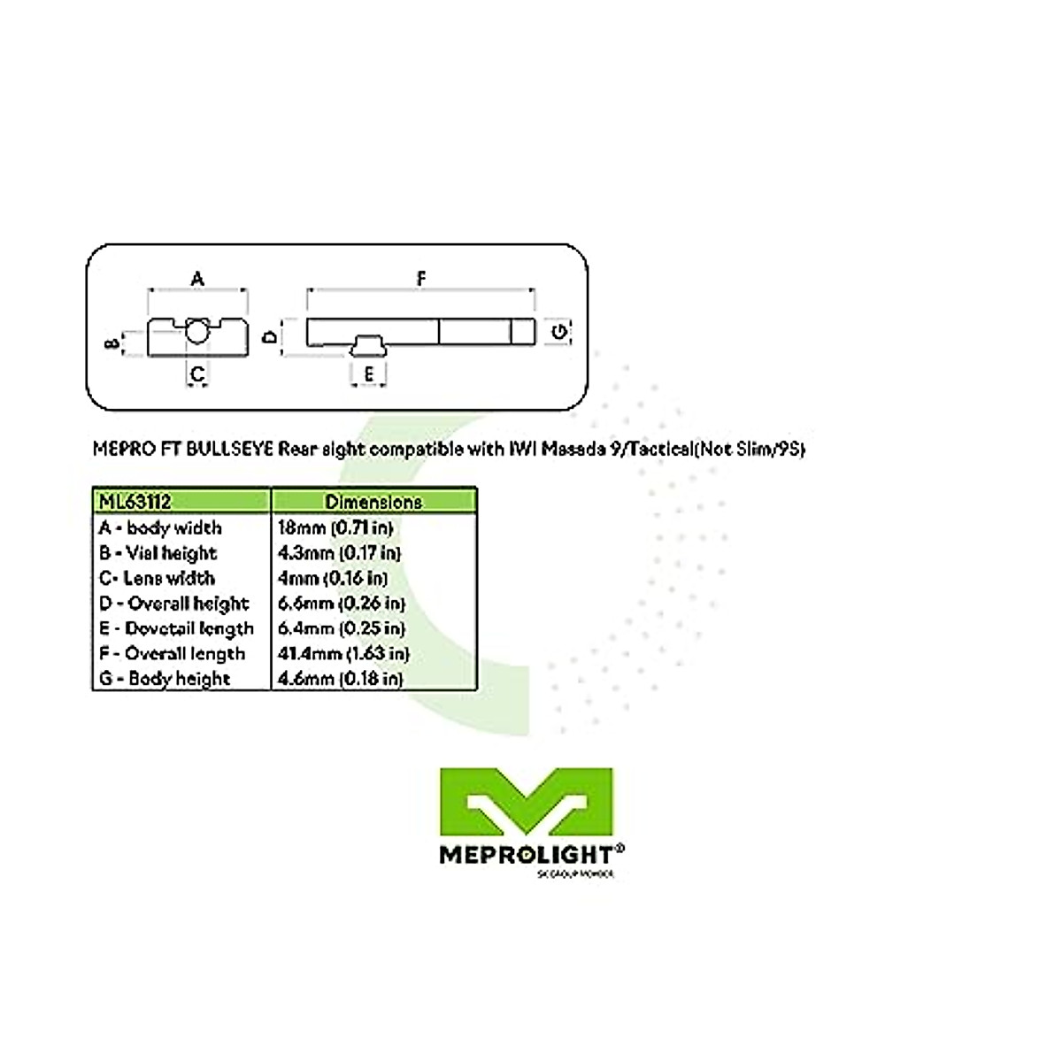 MEPRO FT Bullseye Rear, Fiber Optic and tritium Micro red dot Night Sight Compatible with IWI Masada 9,Green