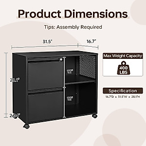 AFAIF Lateral File Cabinet, 2 Drawer File Cabinet with Lock, Printer Cabinet Printer Stand with Storage, Metal Mobile Filing Cabinet Home Office Organization Furniture for Letter/A4 Size Files