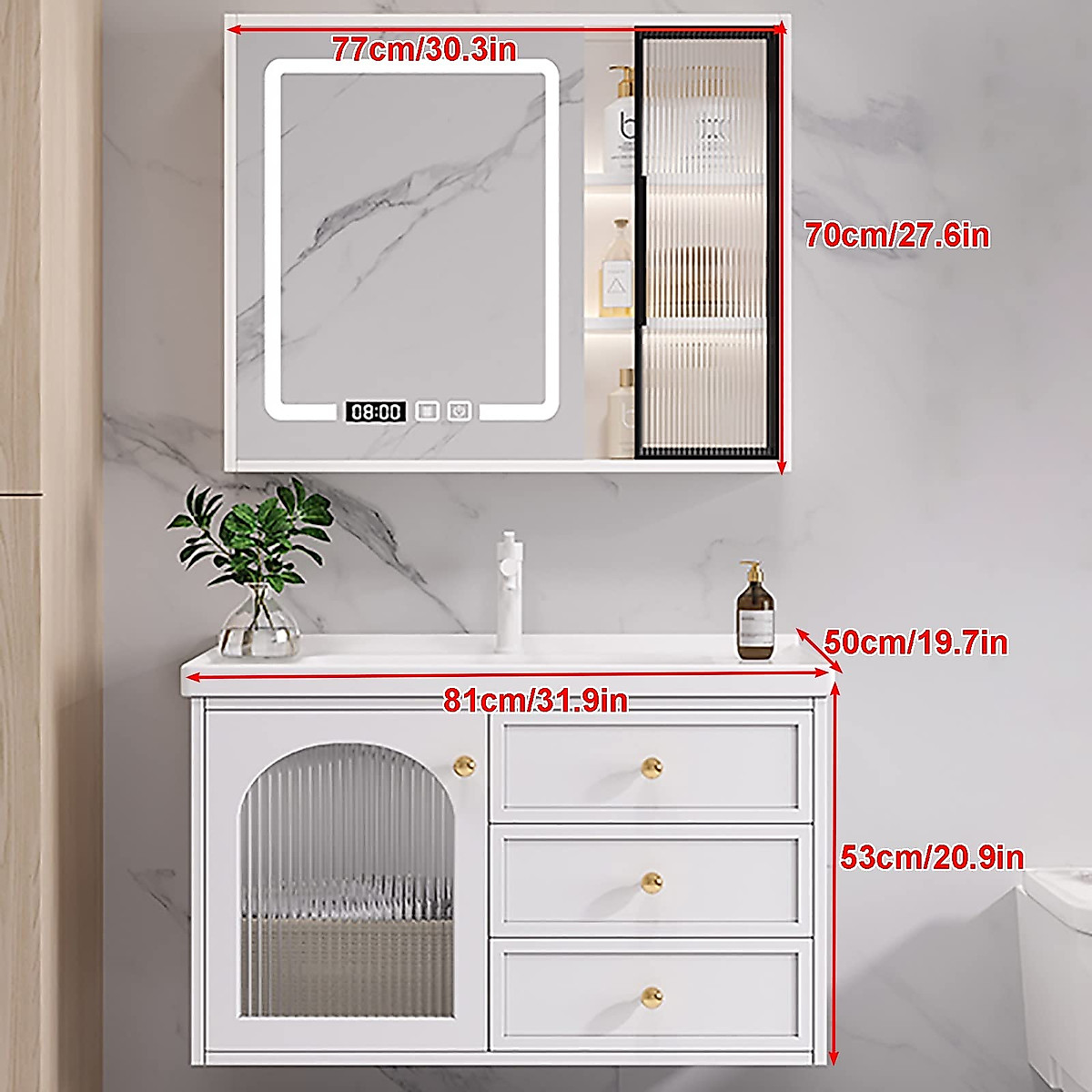Wall Mounted Bathroom Vanity with Sink Combo,Bathroom Vanity Set with Basin & Storage Cabinet ,Bath Cabinet with Ceramic Sink Including Pull-out Faucet, Mirror Cabinet ( Size : 81x50x53cm/31.9x19.7x20