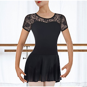 BAKPH Women Dance Ballet Leotard with Skirt,Adult Lace Short Sleeve Ballerina Dancewear(W7027-06-L)